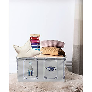 Retro Classic Chinese Porcelain Art Cube Storage Organizer Bins with Handles,2-PC 15x11x9.5 In Collapsible Canvas Cloth Fabric Storage Basket,Rustic Blue White Floral Flower Toys Bin Boxes for Shelves
