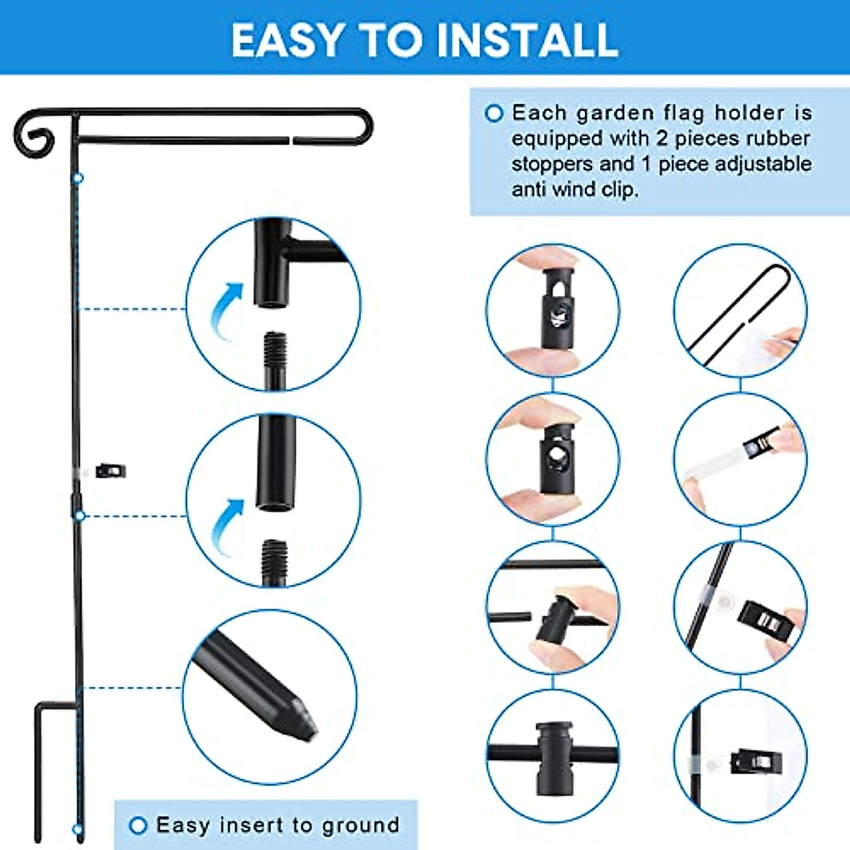 10 Pack Garden Flag Stand with Flag Stoppers and Clips, Black Powder Coated Weather Proof Garden Flag Pole Holder for Outdoor Garden Flag (Classic Style, 15.2 x 33.1 Inch)