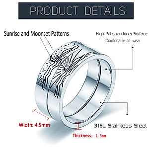 Sunflower Jewellery Moon and Sun Ring, Couple Ring,sun ring,sunrise ring,Crescent Moon ring，Friendship Ring, Star Ring, Lover Ring, Partner Ring, Gift (Stainless Steel, 8)