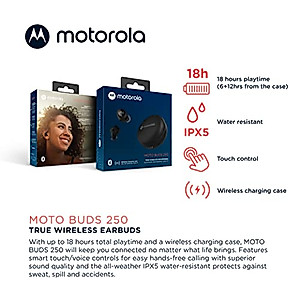 Motorola Moto Buds 250-True Wireless Bluetooth Earbuds with Microphone and Wireless Charging Case - IPX5 Water Resistant, Smart Touch-Control, Lightweight Comfort-Fit, Clear Sound, Deep Bass - Black