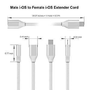 EMATETEK Braided i-Phone Extension Cable Pass Video Audio Music Photo Data, Charge. 1PCS 3.3Feet Male to Female i-Phone Extender Cord Made of Sliver Aluminum & White Braided.(3.3Feet)