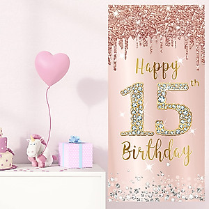 Happy 15th Birthday Door Banner Decorations for Girls, Pink Rose Gold 15 Birthday Party Backdrop Door Cover Sign Supplies, Fifteen Year Old Birthday Poster Background Decor