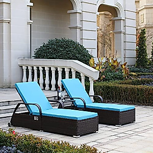 DECMICO Chaise Lounge Chair Set of 3 Outdoor Wicker Patio Furniture, Infinite Position Adjustable Backrest with Removable Cushion and a Glass Table,Ideal for Yard, Garden, and Backyard (Turquoise)