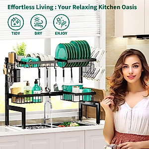 MOUKABAL Stainless Steel Over The Sink Dish Drying Rack -Adjustable Over Sink Dish Rack- Length(25.9"-33.4")-Space-Saving -Multifunctional Over The Sink Dish Drainer Drying Rack for Kitchen Counter