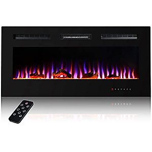 Uthfy 36" Electric Fireplace,1500W Recess & Wall Mounted Fireplace Heater & Linear Fireplace,6 Flame & 9 Ember Bed Colors,Remote Control,8H Timer,Adjustable Thermostat,Log & Crystal, Black (HY-HW36)