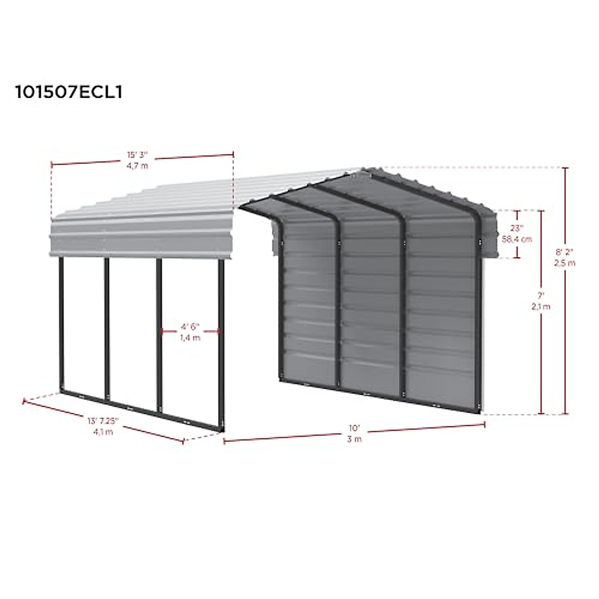 Arrow Carports Galvanized Steel Carport, with 1-Sided Enclosure, Compact Car Metal Carport Kit, 10' x 15' x 7', Charcoal