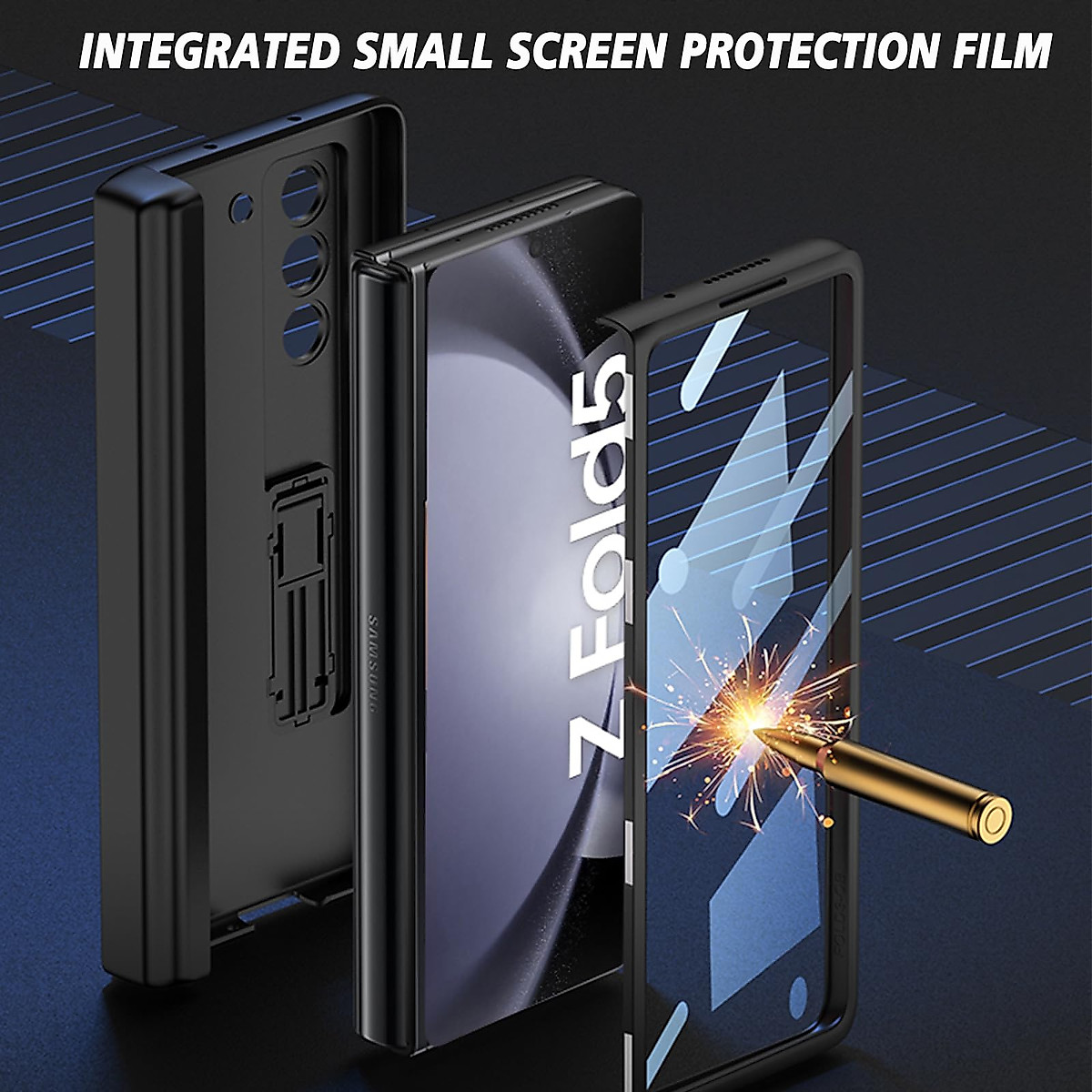 MistWorld for Samsung Galaxy Z Fold 5 case with Magnetic Hinge，Stand, Front Screen Tempered Glass Protector，Slim Shockproof Cover Black