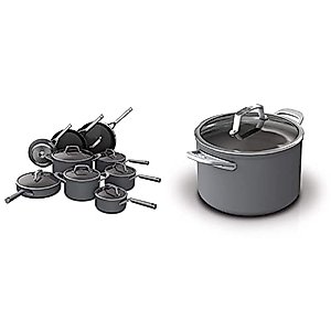 Ninja C39900 Foodi 16-Piece Cookware Set NeverStick Premium Hard-Anodized Slate Grey & Foodi NeverStick Premium Hard-Anodized 6.5-Quart Stock Pot with Glass Lid, slate grey, C30465