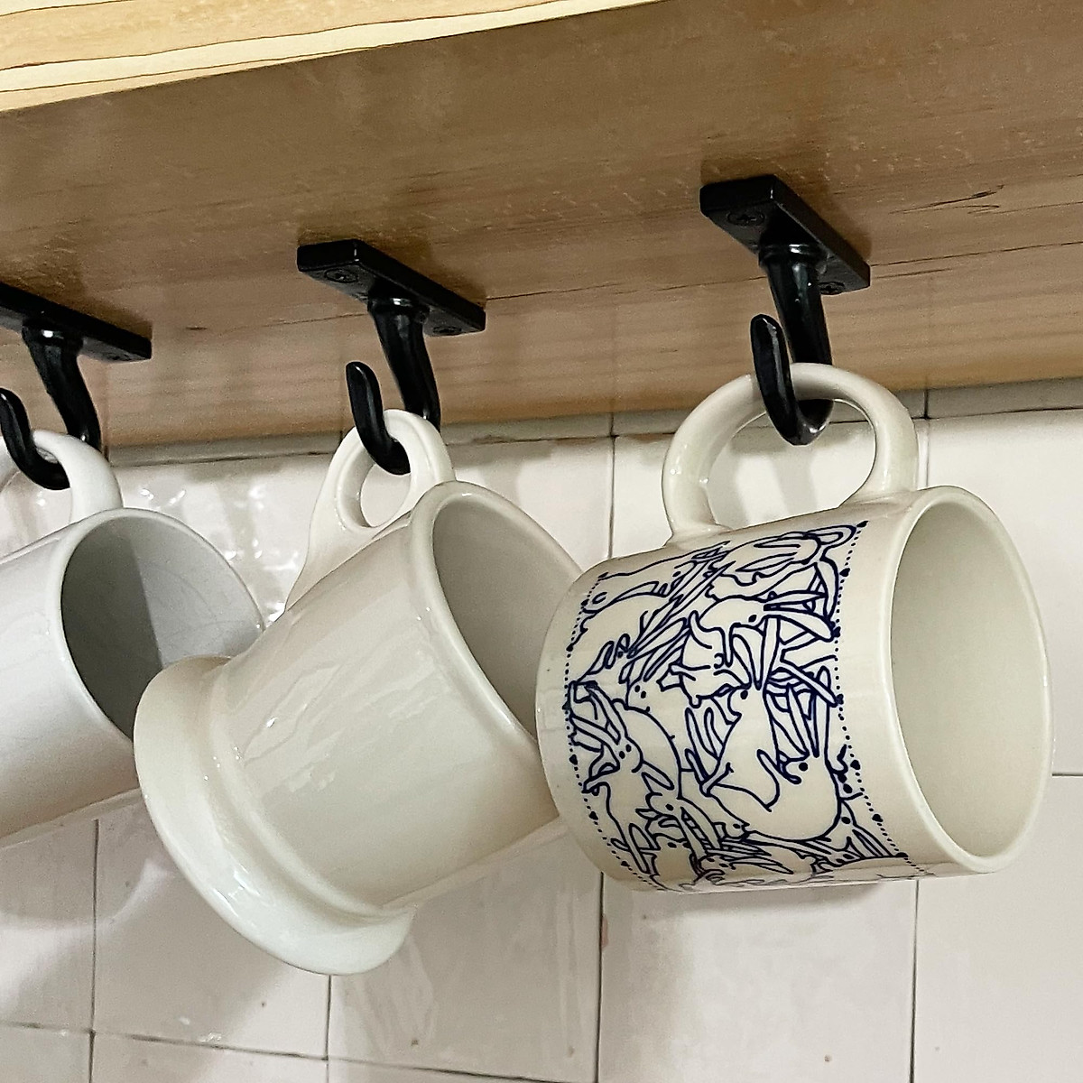 Antique Hardware Depot - 2.5”-Under Cabinet or Shelf Coffee Mug Holder – Cup Hooks Separator – Decorative Black Iron Hangers - Create Rack Under Counter or Wall – Cups, Keys, & Utensils (4-Hooks)