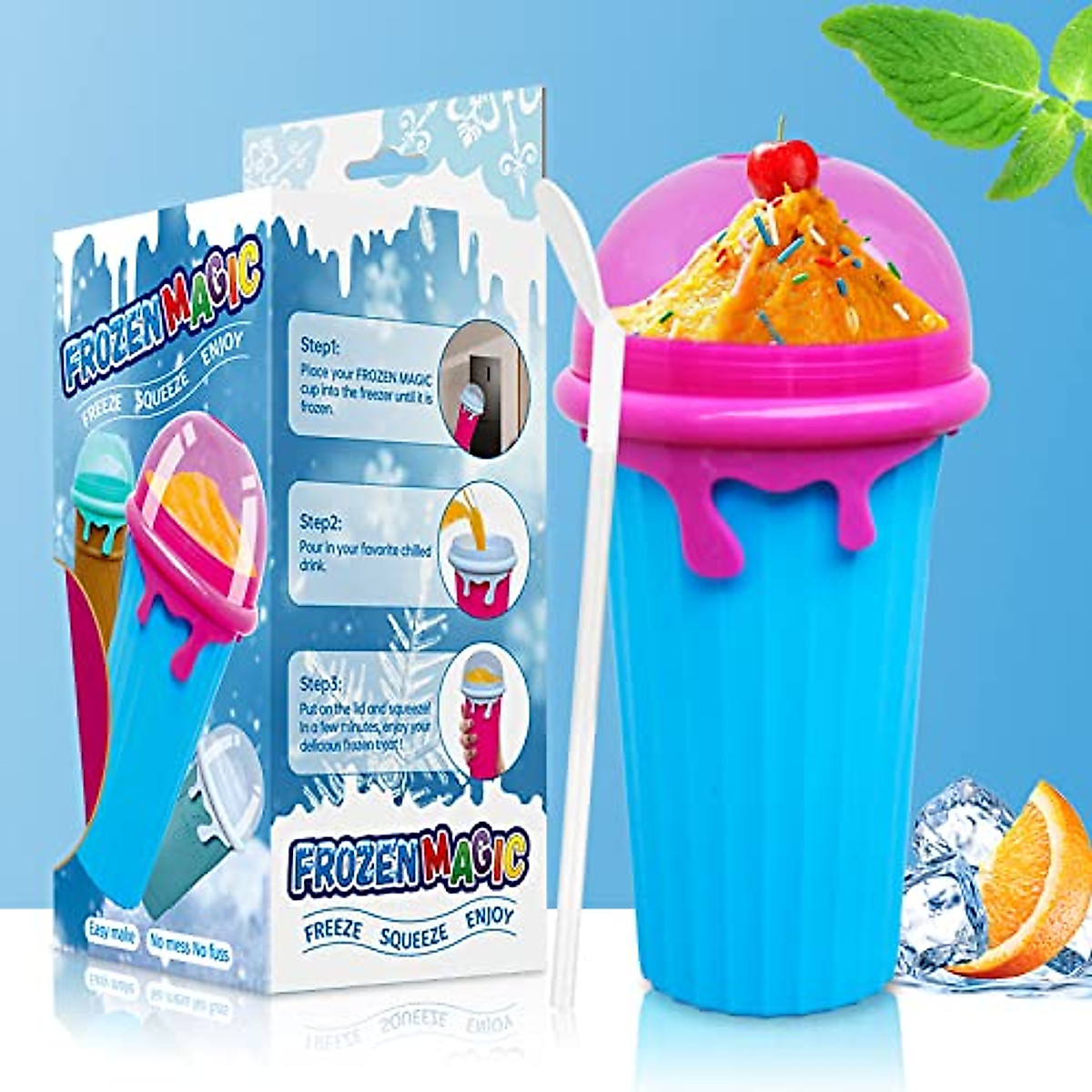 [Upgrad-500ml] Slushie Maker Cup, DIY Frozen Squeeze Magic Slushy Cup, Double Layers Silica High-capacity Smoothie Pinch Ice Cooling Cups, Homemade Milk Shake Ice Cream Cup Maker (Blue)