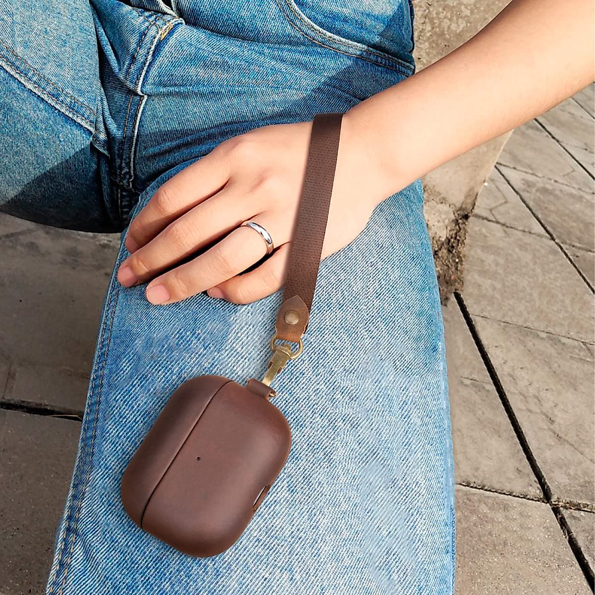 MAOGOAM for AirPods Pro Leather Case Cover with Hand Strap, Genuine Oil Wax Crazy Horse Cowhide Leather Case Cover for Airpods Pro, Handcrafted Fully-Wrapped, The Front LED Visible, Dark Brown