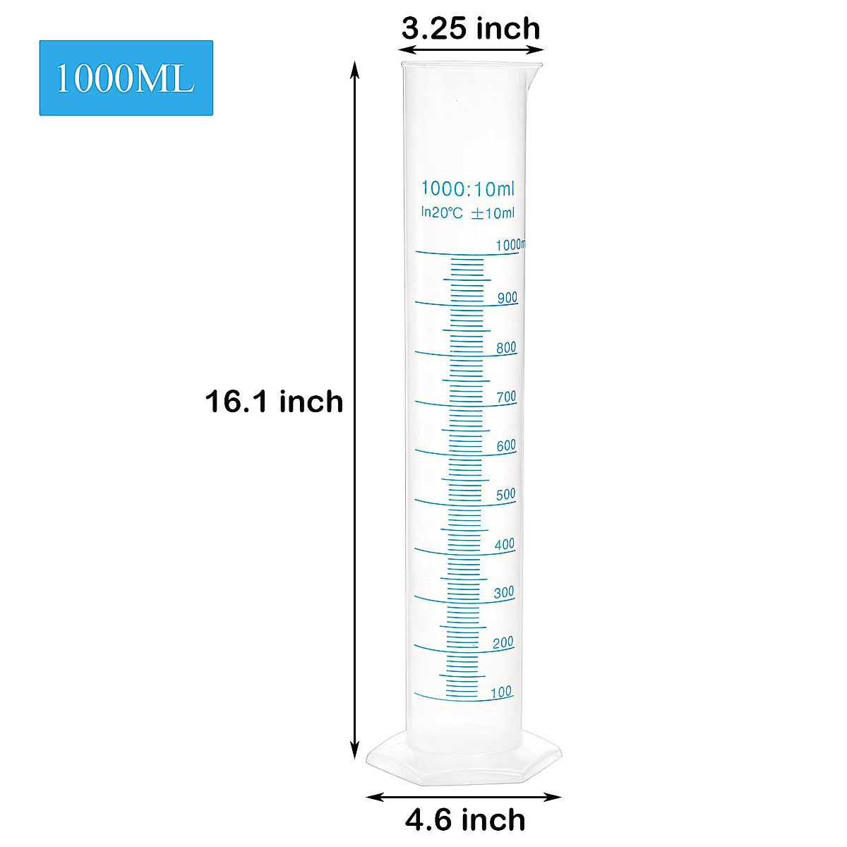 Bekith 4 Pack 1000ml Plastic Graduated Cylinder with Stable Base, Plastic Measuring Cylinder 2-Sided Marking Lab Cylinders, Clear Measuring Cylinder for Science Projects, Laboratory Supplies