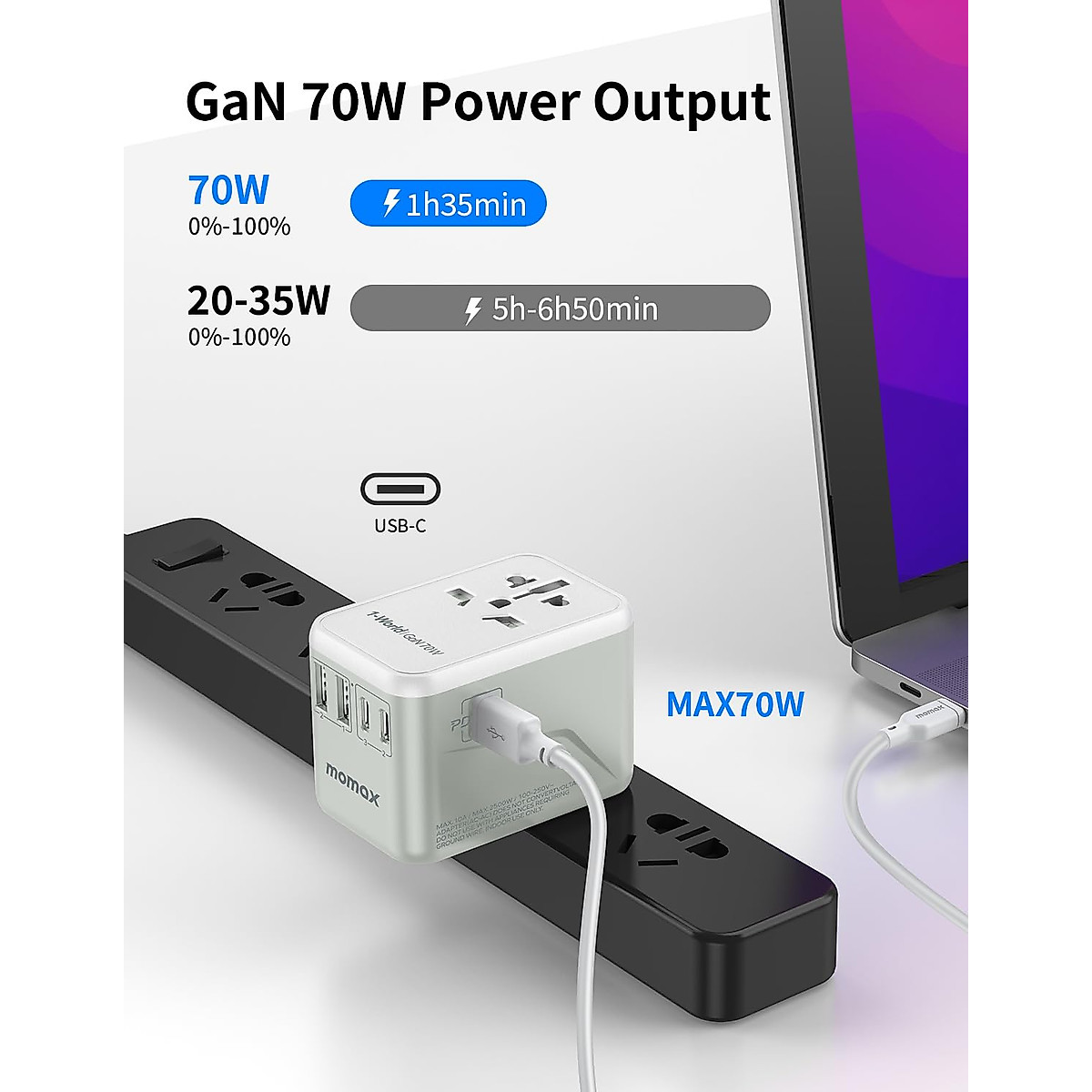 MOMAX Universal Travel Adapter, 70W GaN International Power Adapter, 3 USB-C & 2 USB-A, Worldwide Travel Plug Adapter, International Power Adapter for Most Europe, USA Japan, Australia (Type C/A/G/I)