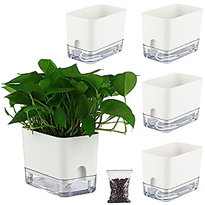 4 Pack Self Watering Pots for Indoor Plants, Self-Watering Planters Box Transparent for Devil's Ivy, Spider Plant, Orchid for Home & Office. African Violet Pot for Outdoor Plants (Rectangular,7”)