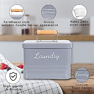 Candco Laundry Dryer Sheets Holder with Lid, Farmhouse Metal Laundry Room Organization, Fabric Softener Dispenser for Laundry Room Decor, Space Saving and Storage (Grey)
