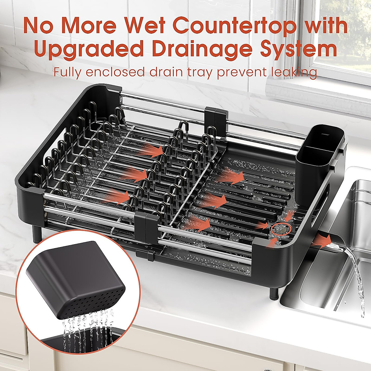 TOOLF Extendable Dish Rack, Dual Part Dish Drainers with Non-Scratch and Movable Cutlery Drainer and Drainage Spout, Adjustable Dish Drying Rack for Kitchen, 1 Piece Black