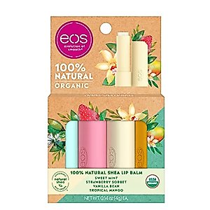 eos 100% Natural & Organic Lip Balm Sticks, Lip Care Variety Pack, Sweet Mint, Strawberry Sorbet, Vanilla Bean, Tropical Mango, 4 Count (Pack of 1)