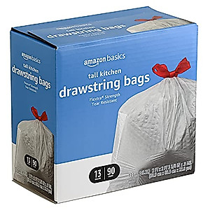 Amazon Basics Flextra Tall Kitchen Drawstring Trash Bags, Unscented, 13 Gallon, 90 Count