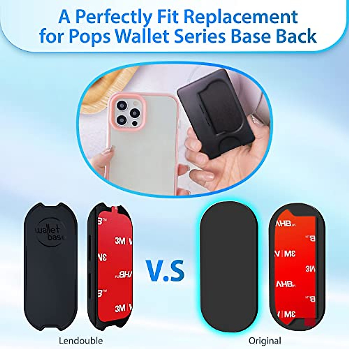 Adhesive Base for Pops Wallet, Detachable Sticky Back Replacement Compatible with Socket Wallet Plus, 2pcs Swappable Black Attachment Piece Plastic Sleeve with 3M Strip Sticker for Wallet+ & iPhone 14
