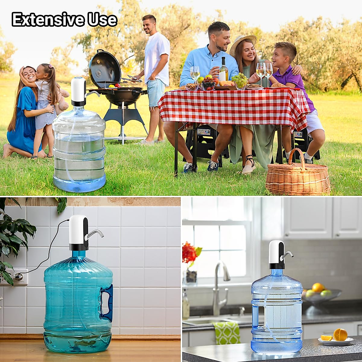 Water Bottle Pump, 5 Gallon Water Dispenser Pump, USB Rechargeable Automatic Water Jug Pump, Support 2.16-inch Neck Portable Electric Water Dispenser Water Bottle, for Camping, Kitchen (White)