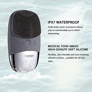 Facial Cleansing Brush, 3-in-1 Electric Silicone Face Scrubber, Vibrating Massager, IPX7 Waterproof, USB Rechargeble Brush for Deep Cleanning, Blackhead Remover, Exfoliating (Gray)