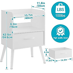 White Nightstand with Open Shelf,Small Night Stand Bedroom Bedside Table with Drawer Storage,Side Table End Table with Solid Wood Feet,Mid Century Night Stands for Office Home Sofa Couch(White)