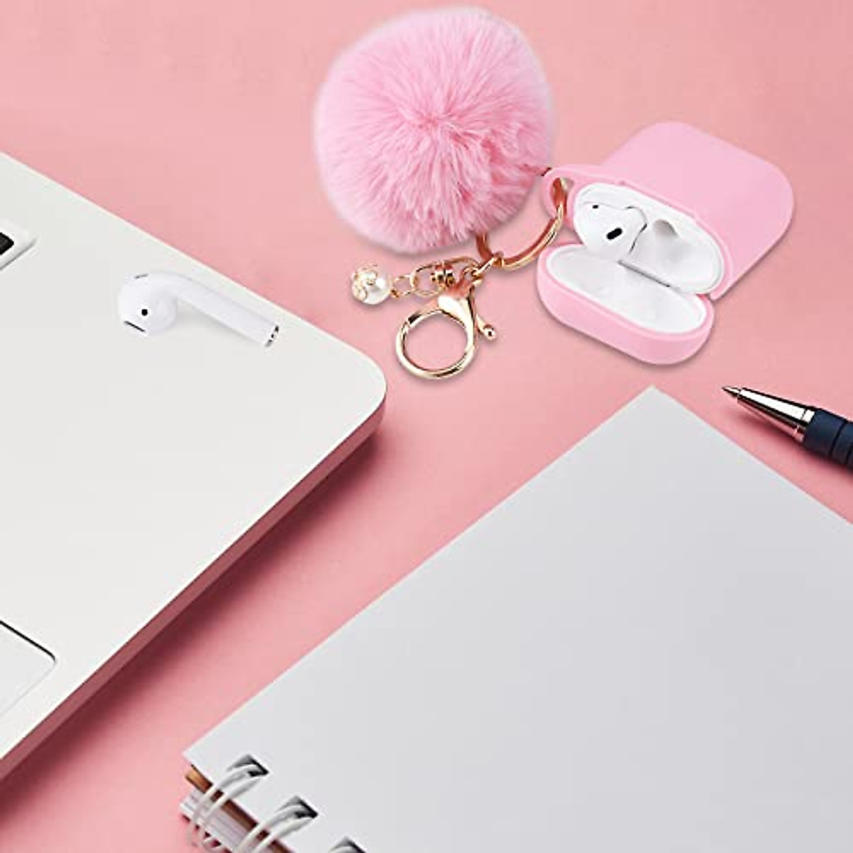 Pink Case for Women Cute Case Designed for AirPods Cover with Pom pom, Silicone Protective Keychain Case Compatible with AirPods 1/2, Accessories Keychain and Pom pom(Pink)