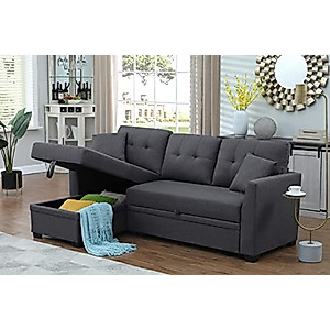 Payeel Sectional Sofa with Pull-Out Bed and Storage Chaise Lounge 81.5" Reversible Furniture Contemporary L-Shaped Fabric Sleeper Sofa for Living Room (Dark Gray)
