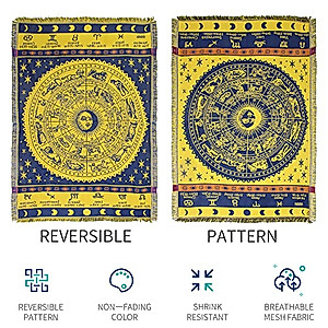 Zodiac Throw Blanket，Edcooy Boho Hippie Woven Witchy Astrology Celestial Constellation Balnket for Home Decor, Double Side Cover Chair Sofa Couch(Yellow,S 51" x 71")