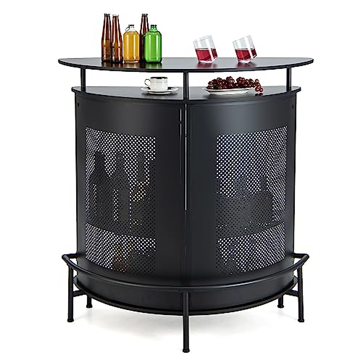 Giantex 4-Tier Home Bar Unit - Bar Cabinet with Storage Shelves, 3 Stemware Holders, Curved Countertop, Perforated Metal Front, Footrest, Mini Bars for Home, Kitchen, Living Room, Pub, Black
