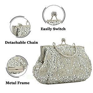 Women Vintage Beaded Evening Clutch Vintage Design Sequin Floral Top-handle Handbag Party Wedding Purse Wallet (Silver)