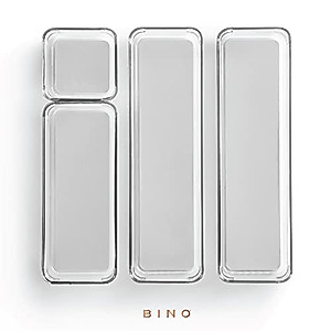 BINO | 4-Piece Drawer Organizer Bin Set - Grey, Small | THE MODULAR+ | Multi-Purpose Storage | Soft-Grip Lining and Non-Slip Rubber Feet | Durable | BPA-Free | Desk Drawer Organizer | Vanity Organizer