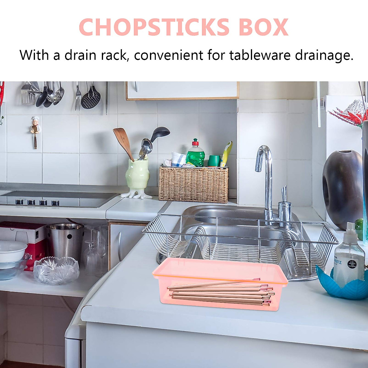 DOITOOL Flatware Tray with Lid and Drainer, Tableware Utensil and Cutlery Drawer Organizer with Lid Covered Silverware Tray to Keeps Your Cutlery Organized and Protected (Pink)