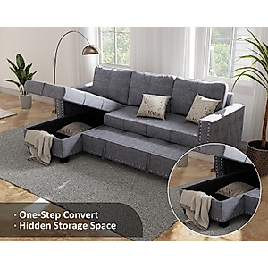 Ucloveria, 91" Sleeper Sofa Reversible Storage Chaise Living Room L-Shape Lounge 2 in 1 Sectional Couch with Pull Out Bed, Delta Gray, Dark Grey