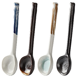 4pcs Japanese Ramen Soup Spoons Ceramic Asian Soup Spoons Retro Korean Style Tablespoon Rice Noodles Dinner Serving Spoon Ladles for Pho Miso Cereal Sauce Gravy Condiment (Style 1)