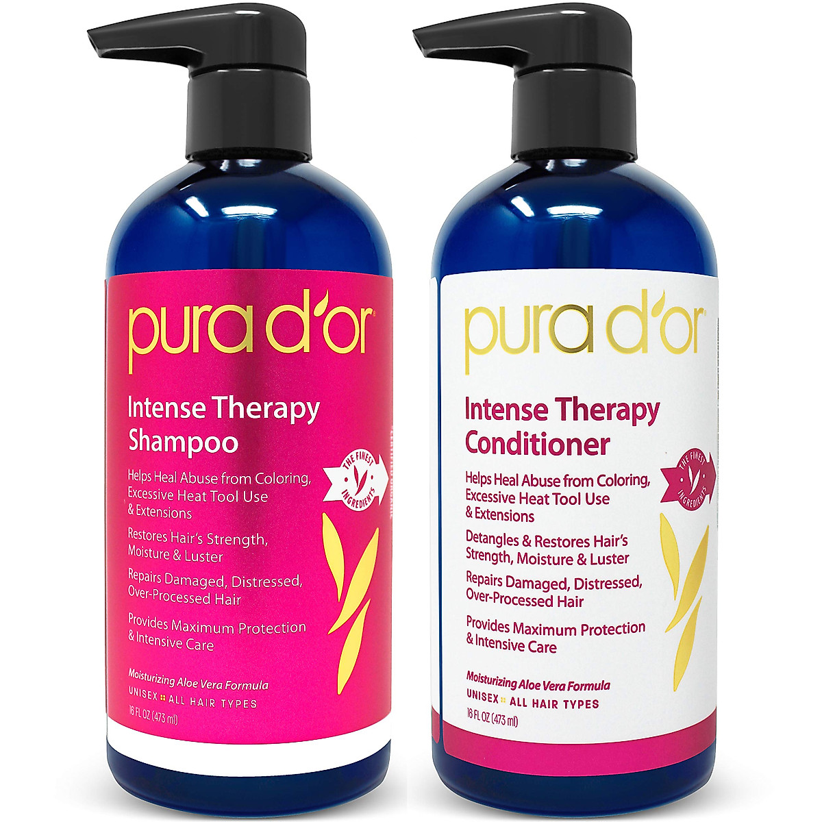 PURA D'OR Intense Therapy Shampoo & Conditioner Set (16oz x 2) Repairs Damaged, Distressed, Over-Processed Hair with Select Natural Ingredients, No Sulfates, All Hair Types, Men & Women