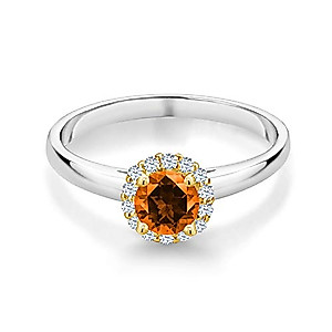 Gem Stone King 925 Silver Ring with 10K Yellow Gold Prongs White Created Sapphire and Set with Poppy Topaz (Size 7)