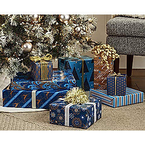 Hallmark Reversible Christmas Wrapping Paper Bundle, Elegant Blue and Gold (4 Rolls: 150 sq. ft. ttl.) Dark Blue, Gold, Teal Snowflakes, Peace, Stripes, Geometric