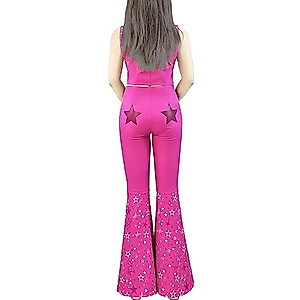 70s 80s Hippie Disco Costume Pink Flare Pant Halloween Cosplay For Women Girls (Color : Barbie, Size : 110)