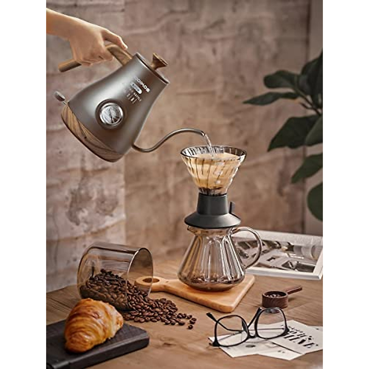 Fooikos Gooseneck Electric Kettle with Thermometer - 1.0L 304 Stainless Steel Water Kettle for Coffee and Tea Brewing -800W Fast Heating in 4 Minutes(Grey)