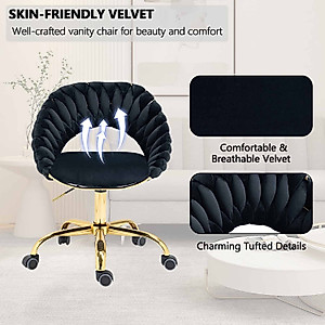 Modern Velvet Office Desk Chair, Upholstered Makeup Vanity Chair with Woven Tufted Back and Gold Base, Swivel Task Chair with Wheels Women Girls Cute Desk Chair for Vanity Room Bedroom Study Black