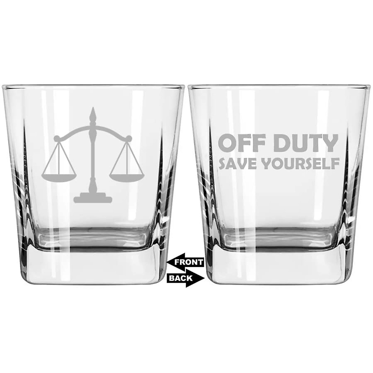 MIP Brand 12 oz Square Base Rocks Whiskey Double Old Fashioned Glass Two Sided Scales of Justice Lawyer Paralegal Off Duty Save Yourself