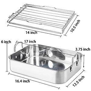 TOPZEA Stainless Steel Roasting Pan with Rack, 16 Inch Classic Rectangular Turkey Roaster Pan with 2 In 1 Grill Rack & Handle, Large Broiling Baking Pan Oven Cookware for Chicken, Steak, Meat, Lasagna