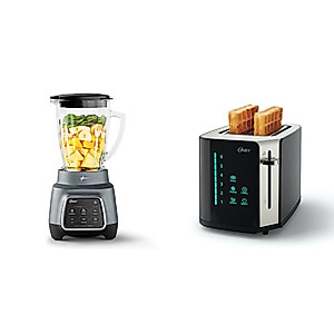 Oster Touchscreen Blender, 6-Speed, 6-Cup, Auto-program -for Smoothie, Salsa, 800W, Multi-Function blender, 2143023 & 2-Slice Toaster, Black/Stainless Steel