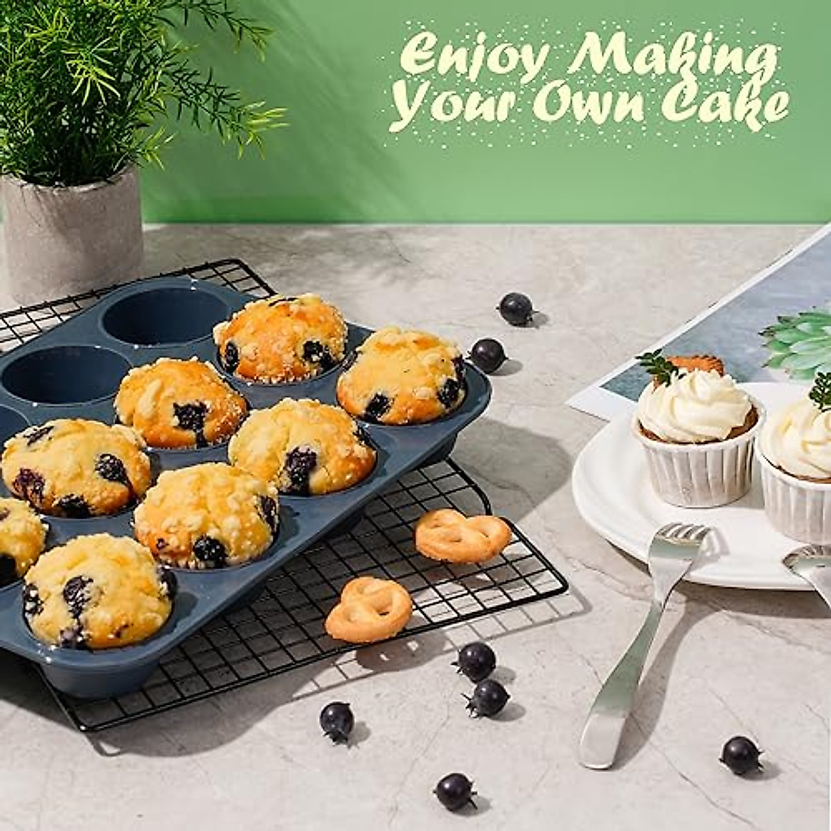 Vnray 2 Pack Silicone Muffin Baking Pan & Cupcake Tray 12 Cup - Nonstick Cake Molds/Tin, Silicon Bakeware, BPA Free, Dishwasher & Microwave Safe (12 Cup Size, Grey)