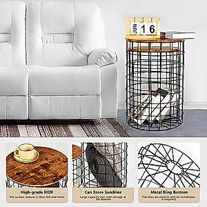 Jolydale Nesting End Table with Storage, Side Tables Wire Basket Table with Lid, Round End Table with Removeable Top and Steel Frame for Living Room, Bedroom, Office, (Brown)