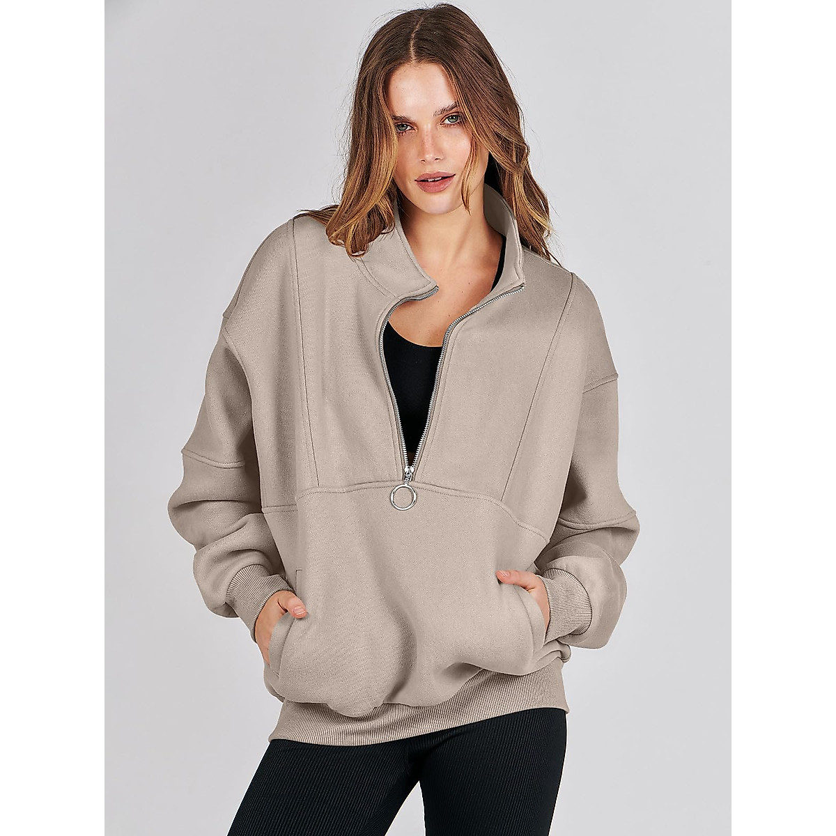 ANRABESS Women's Oversized Half Zip Fleece Sweatshirts Quarter Zip Pullover Top Fall 2024 Outfits Trendy Clothes Light Brown X-Large