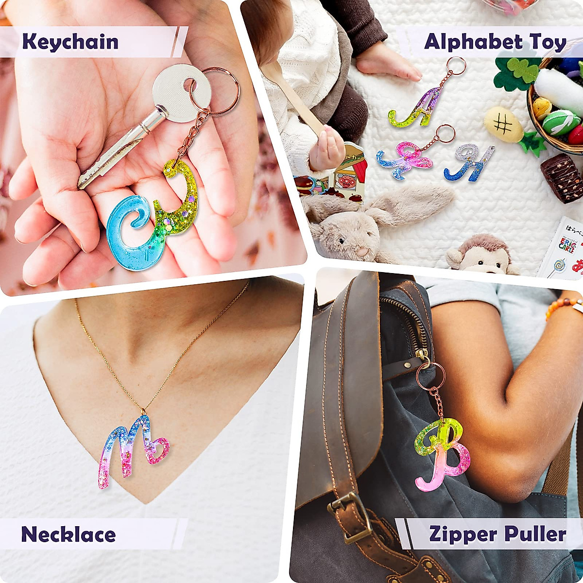 LET'S RESIN Large Alphabet Mold for Resin, Reversed Resin Keychain Letter Molds with Hole, Alphabet Resin Molds Silicone with 30 Jump Rings, 30 Key Rings, Epoxy Molds for Keychain Making(15.3"X8.9")