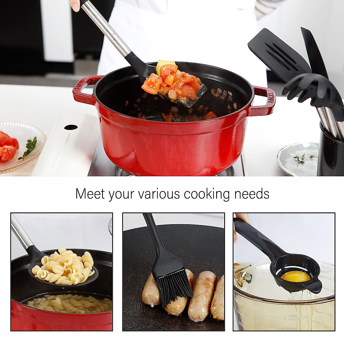 NCUE Cooking Utensils Set, 28 Pcs Silicone Kitchen Utensils Set with Holder, Silicone Whisk, Spatulas, Scissors, Measuring Cups and Spoons Set with Stainless Steel Handle Kitchen Gadgets (Black)