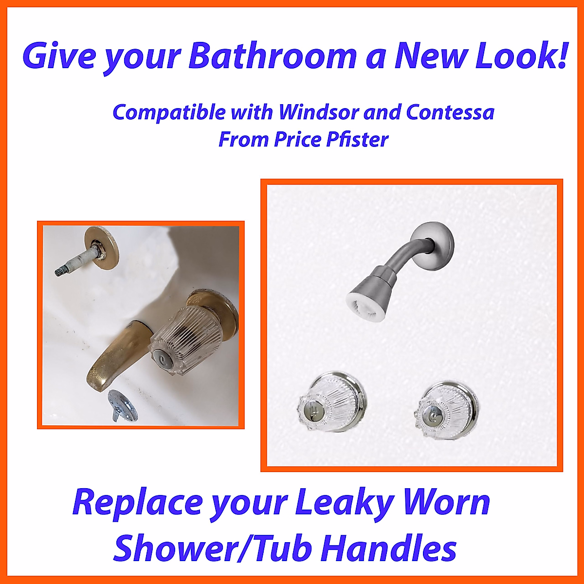 Bathtub and Shower Trim Kit for Price Pfister Compatible – Remodel/Rebuild Set with Clear Acrylic Handles, Stems, Seats & Flanges – Fits Verve & Windsor Faucets – Hot & Cold Replacement Parts